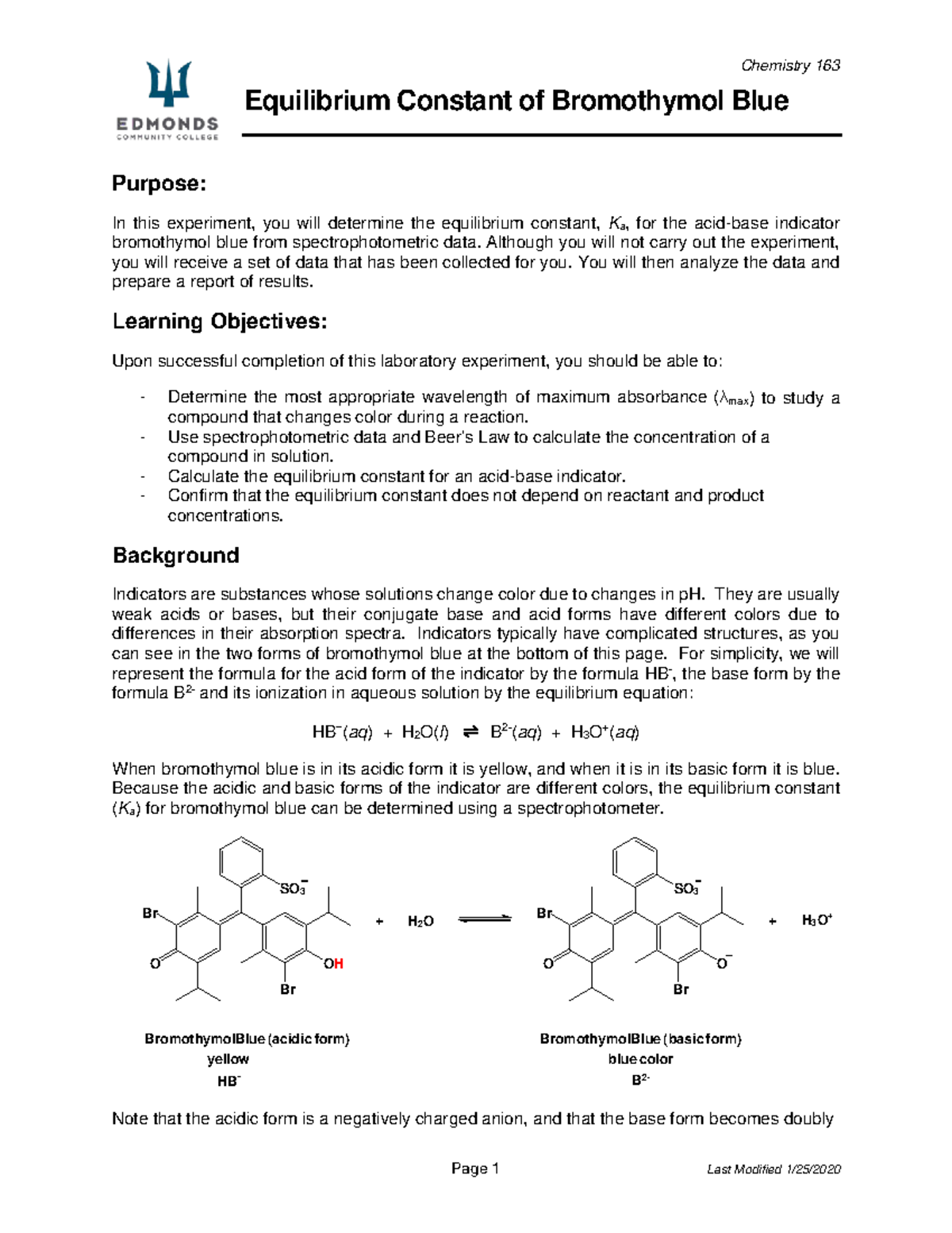 Chemistry 163 Lab 2 - Bromothymol Blue Equilibrium Analysis Report ...