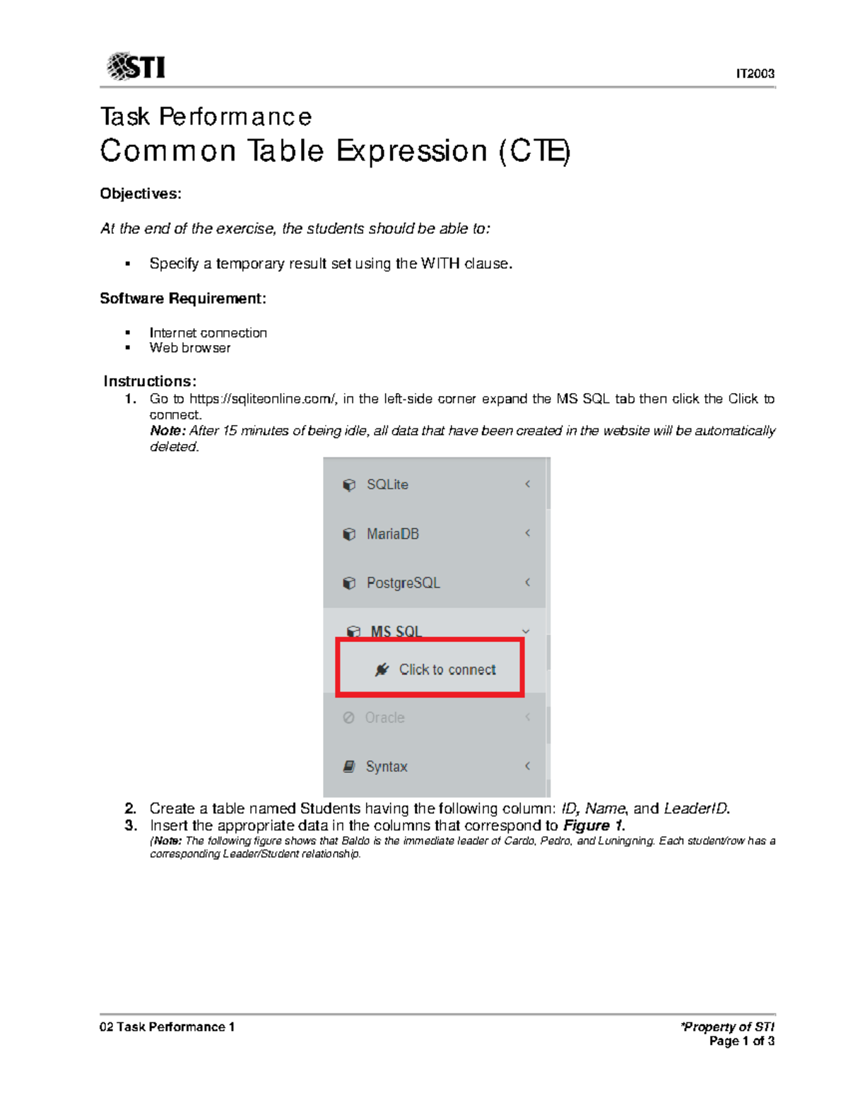 IT2003 Task Performance: CTE and Students Hierarchy Exercise - Studocu