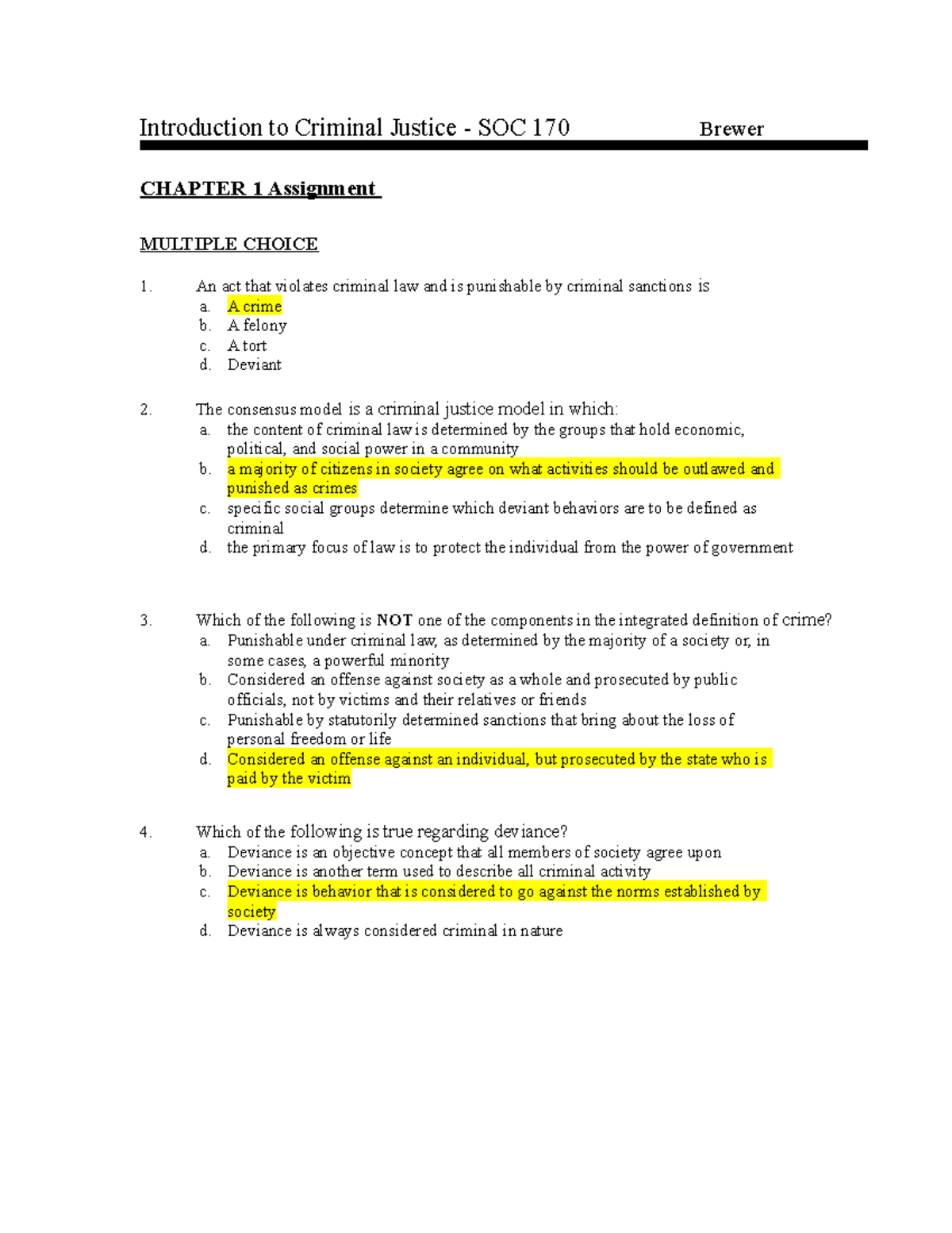 Chapter 1 Assignment - Introduction to Criminal Justice - SOC 170 ...