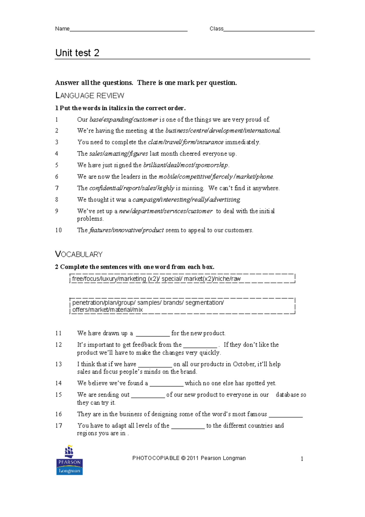 Unit test 2 - Exercises to practice Market Leader - Name