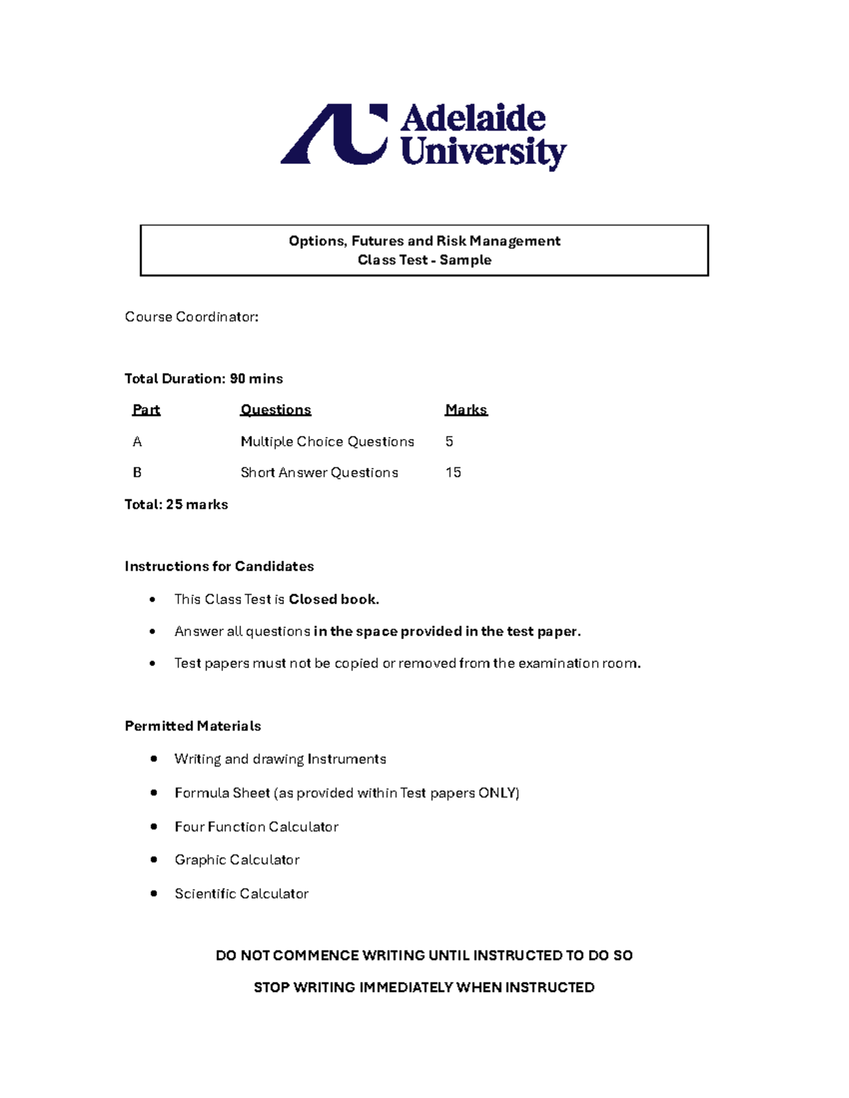 OFRM Class Test Sample: Options, Futures & Risk Management - Studocu