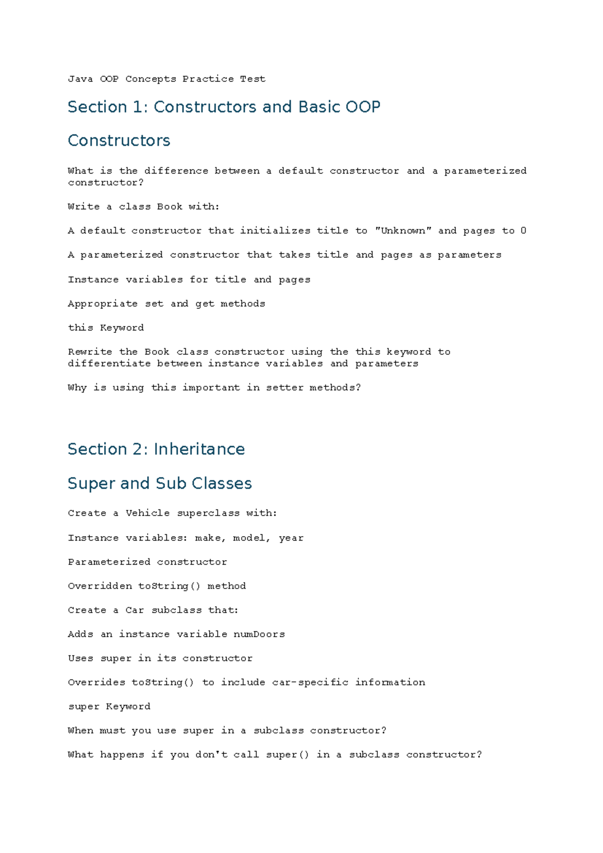 Practice Test JAVA: OOP Concepts and Implementation Exercises - Studocu