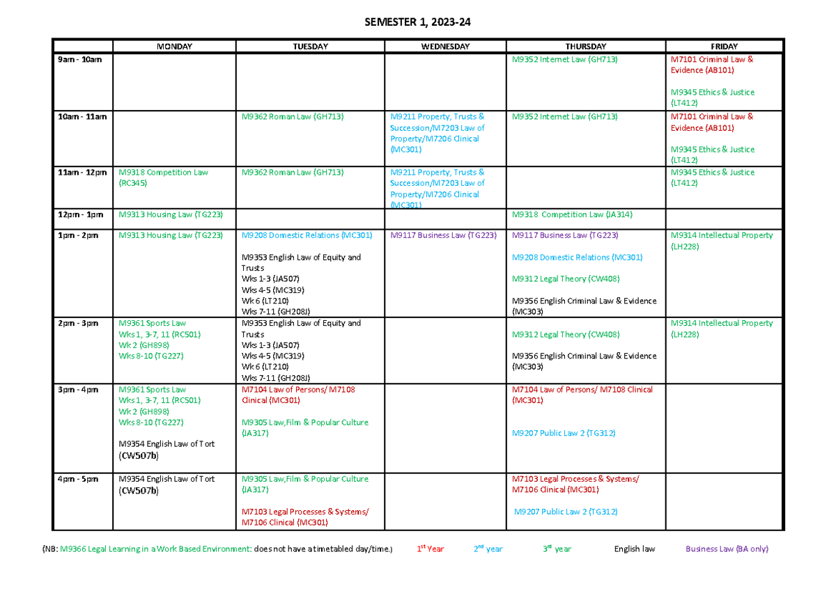23-24 Semester 1 UG Law Timetable Overview and Class Schedule - Studocu
