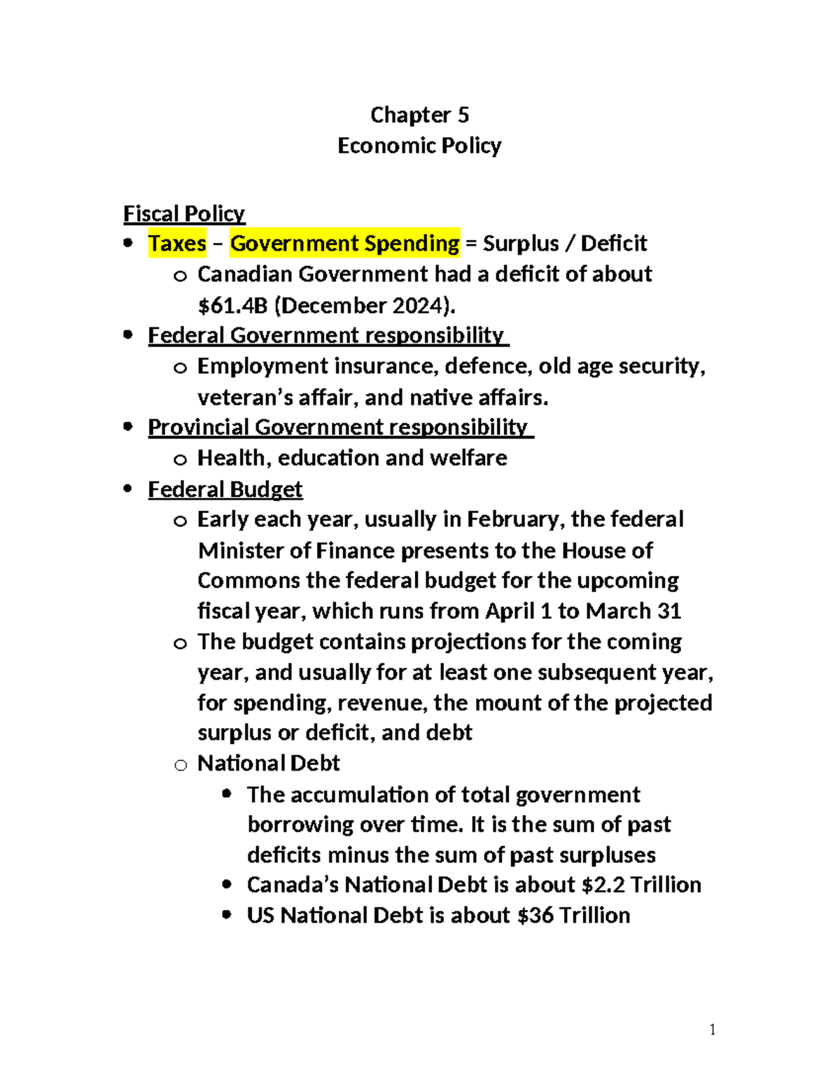 Class Lecture Notes (CSC 1 - Ch 5) on Economic Policy & Fiscal Matters ...