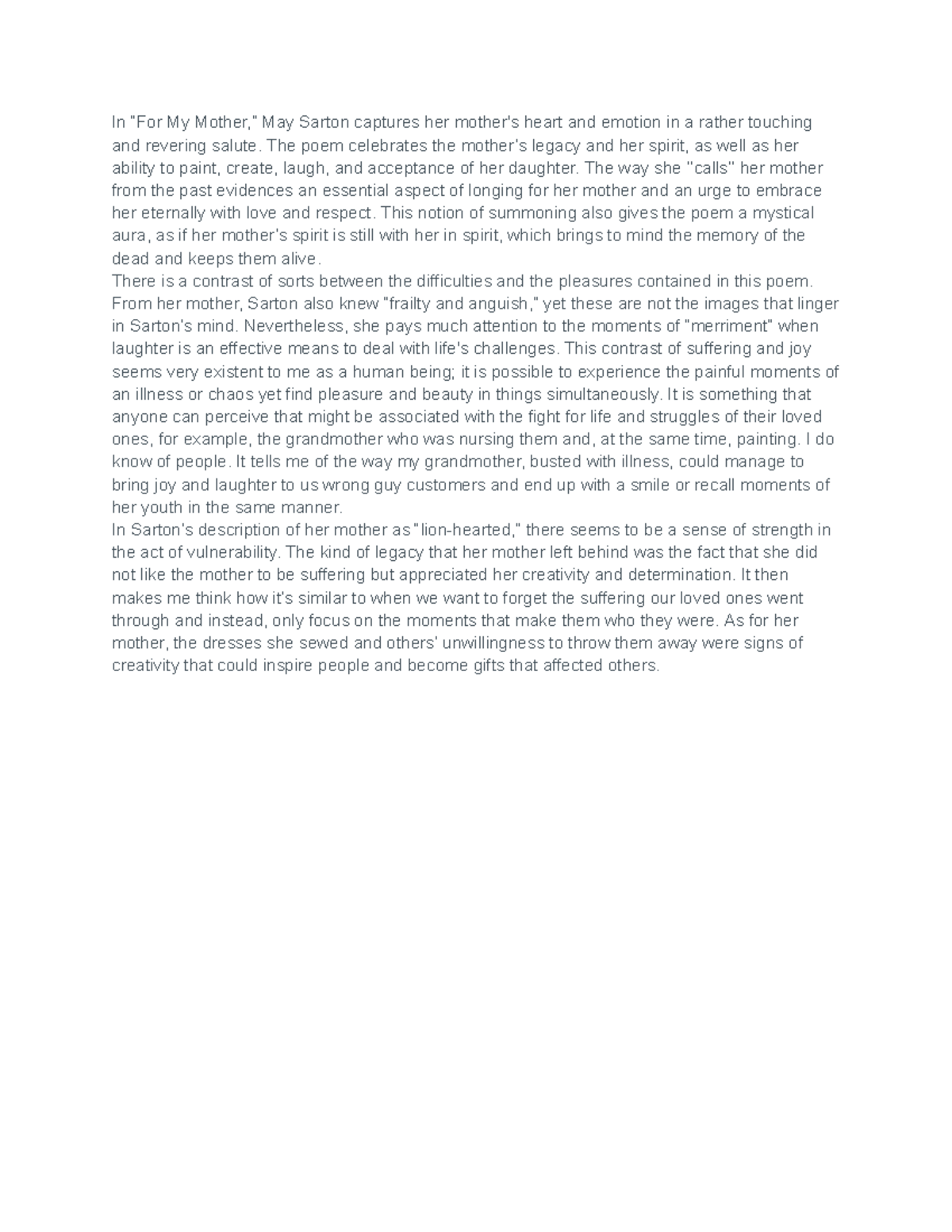 Poetry Response 1: An Analysis of May Sarton's "For My Mother" - Studocu