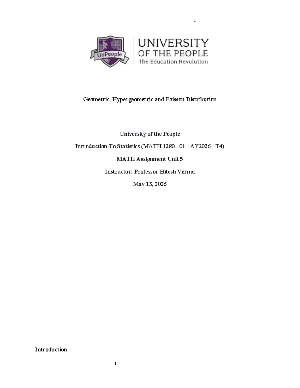 Geometric, Hypergeometric & Poisson Distributions (MATH 1280) - Unit 5 ...