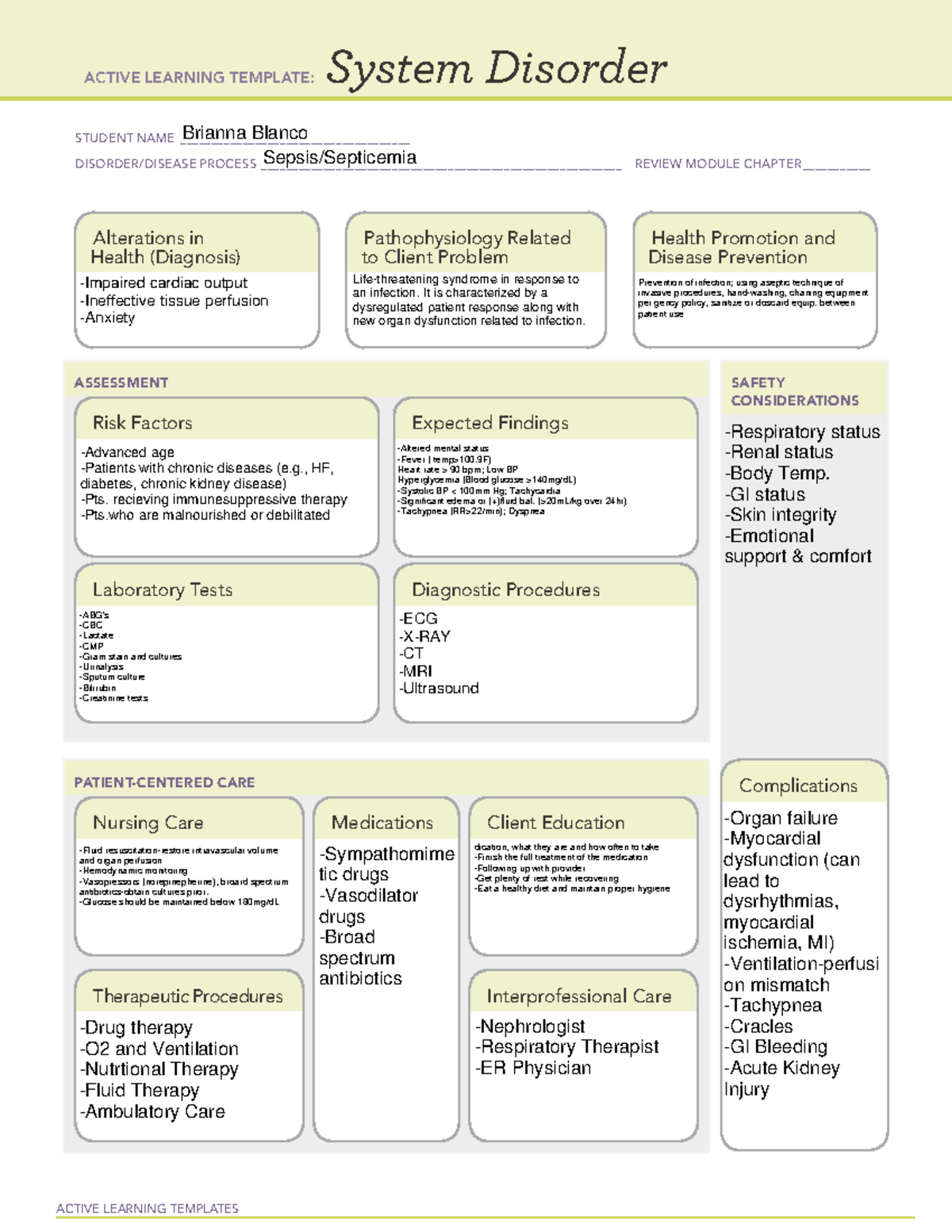 Sepsis System Disorder Worksheet - ACTIVE LEARNING TEMPLATES System ...