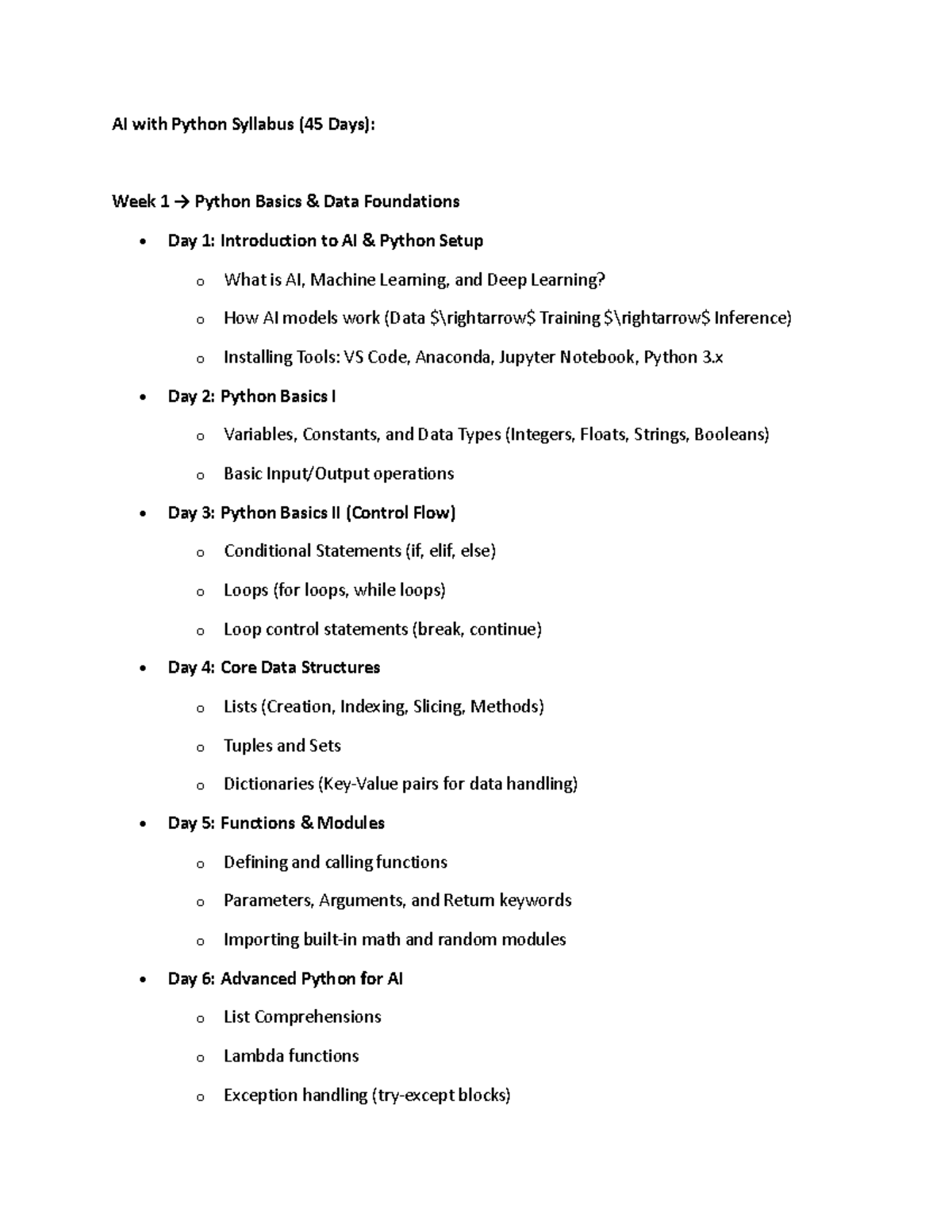 AI with Python Syllabus (45 Days): Week 1 to Week 6 Overview - Studocu