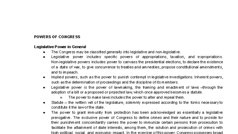 Constitutional Law 1: Legislative Powers of Congress Explained - Studocu