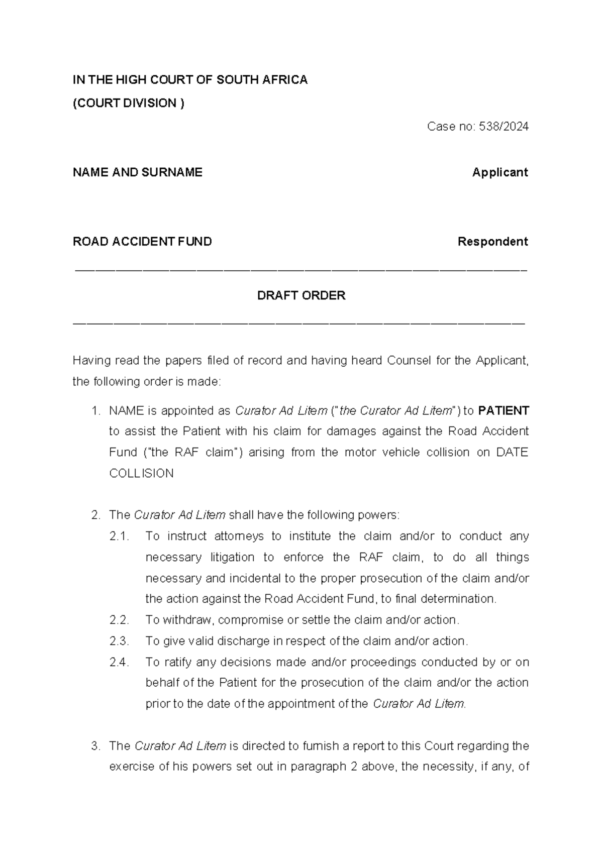 Draft Order: Curator Ad Litem Appointment in RAF Case No. [Case No ...