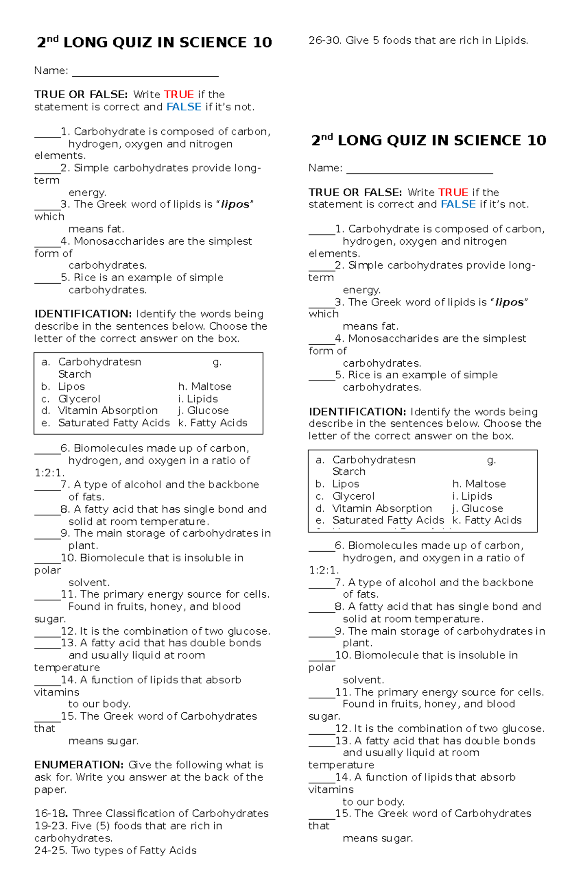 2nd LONG QUIZ IN Science 10 - 2 nd LONG QUIZ IN SCIENCE 10 Name