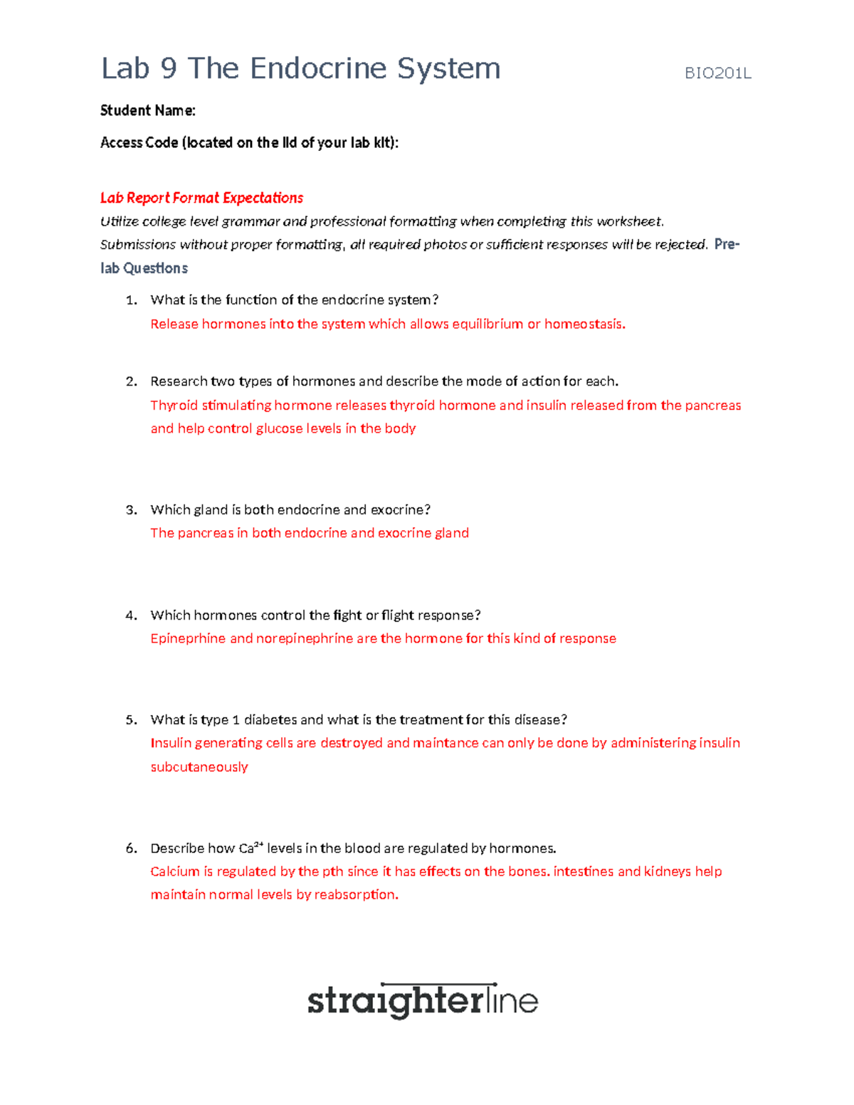 BIO201 Lab 9 - Endocrine System Functions and Experiments Report - Studocu