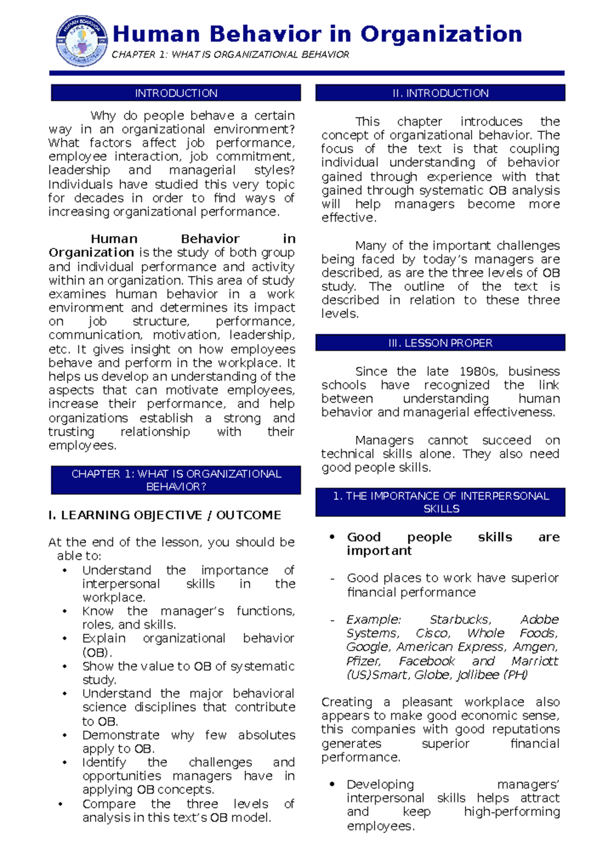 Human Behavior in Organization (OB 101) | Lecture Notes Overview - Studocu