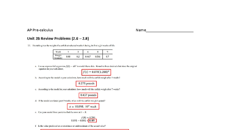 Unit 2B Review 2.6-2.8 Exponential Regression Answer Key - Studocu