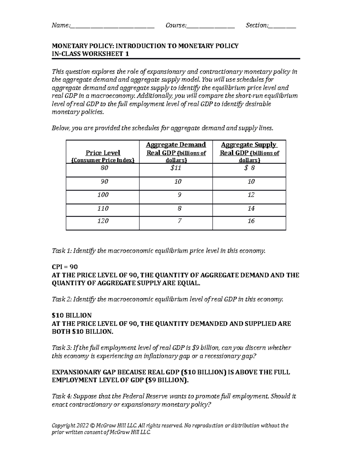 Monetary Policy Worksheet 1 Answers - Name ...