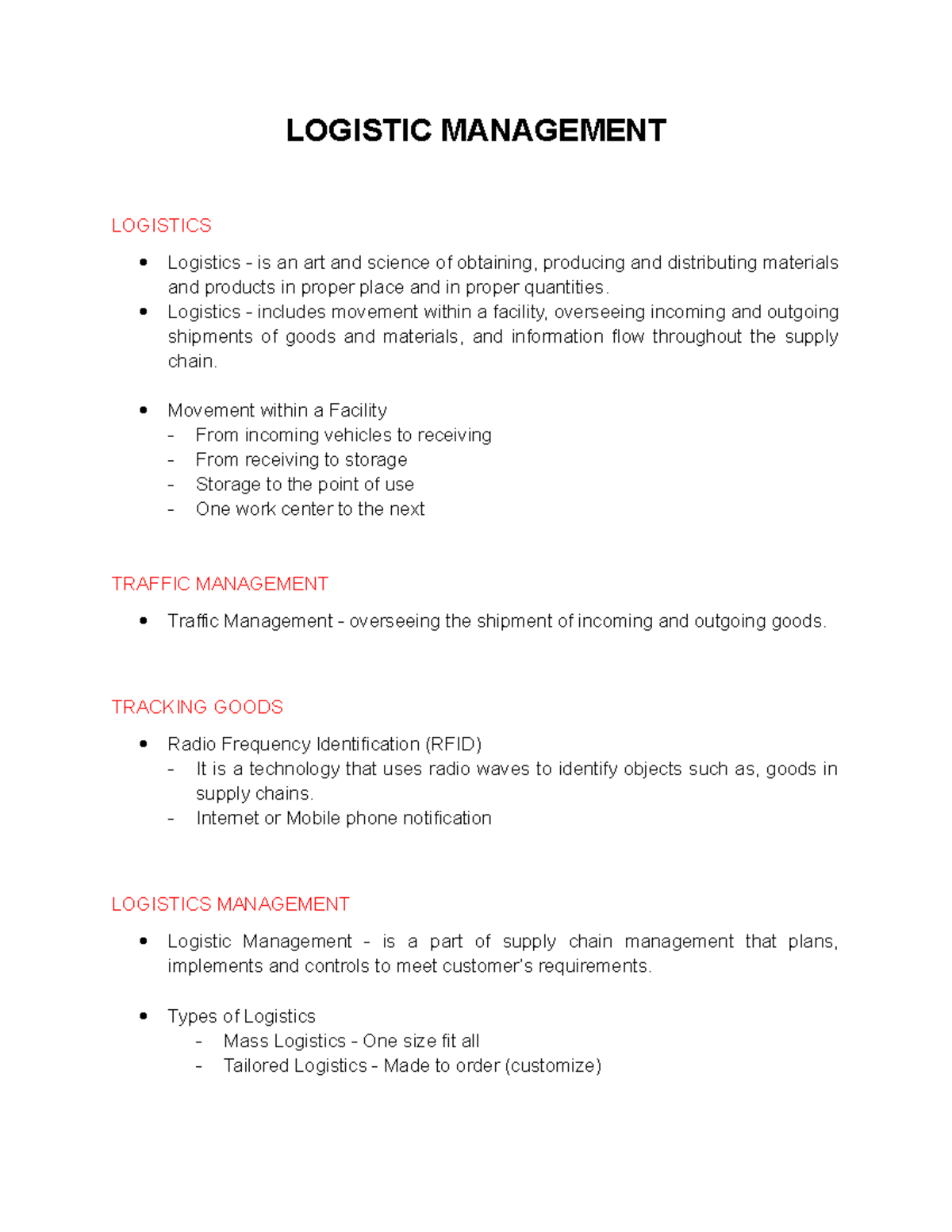Logistic Management - Lecture notes 1 - LOGISTIC MANAGEMENT LOGISTICS ...