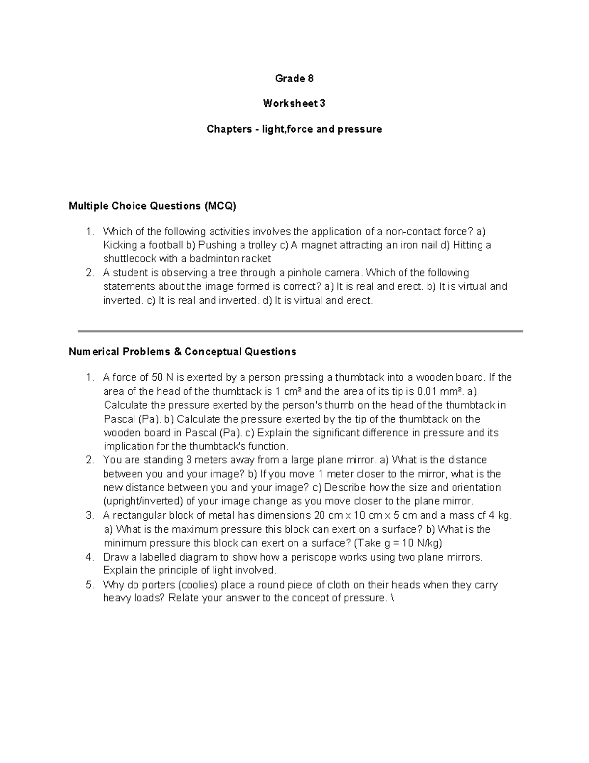 Grade 8 Physics Worksheet 3: Light, Force & Pressure MCQs and Problems ...