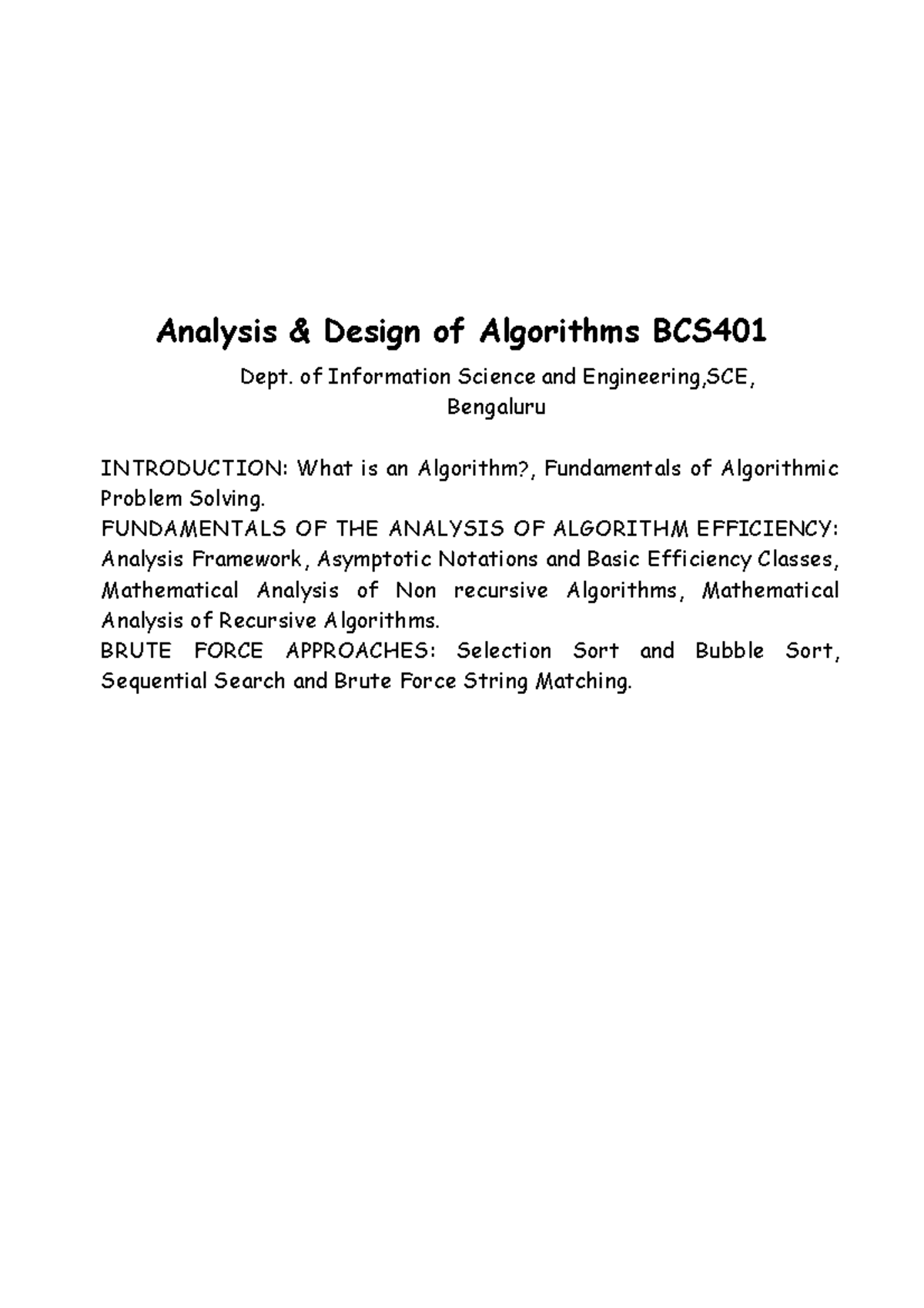 Analysis and Design of Algorithms - BCS401 - ISE, SCE, Bengaluru - Studocu