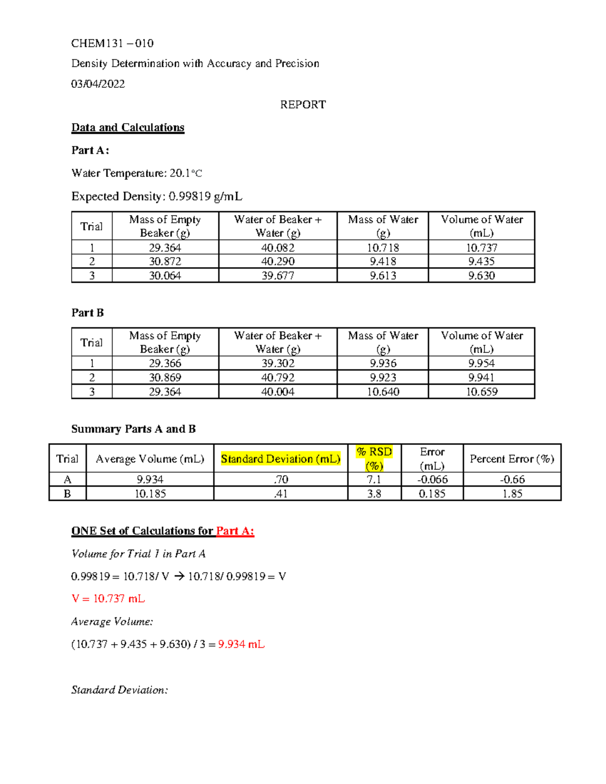 CHEM131 – 010 Post Lab 4: Density Determination with Precision and ...