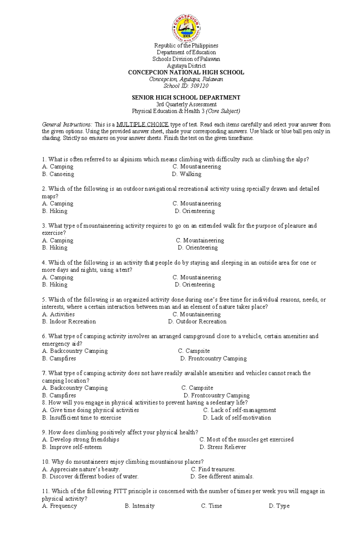 Q3 PE12 Assessment: Physical Education & Health 3 Exam - Studocu