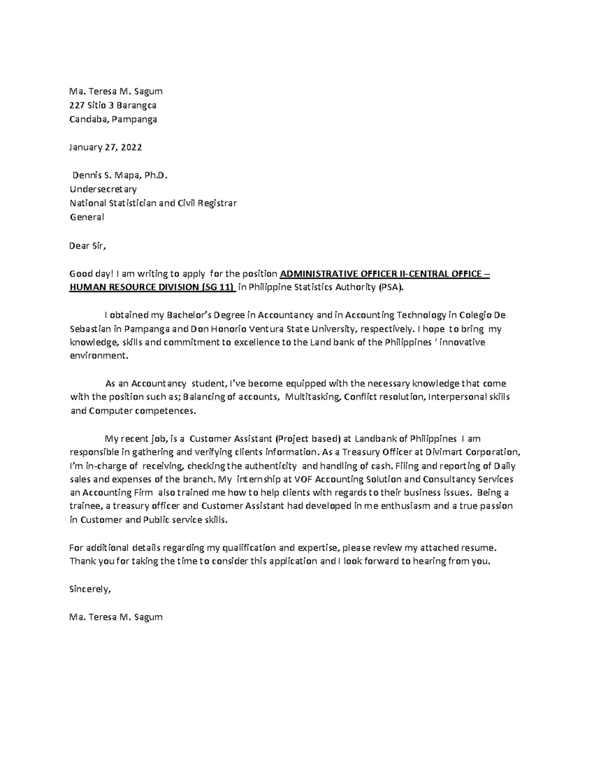 Application Letter for Admin Officer II Position (SG 11) – PSA - Studocu