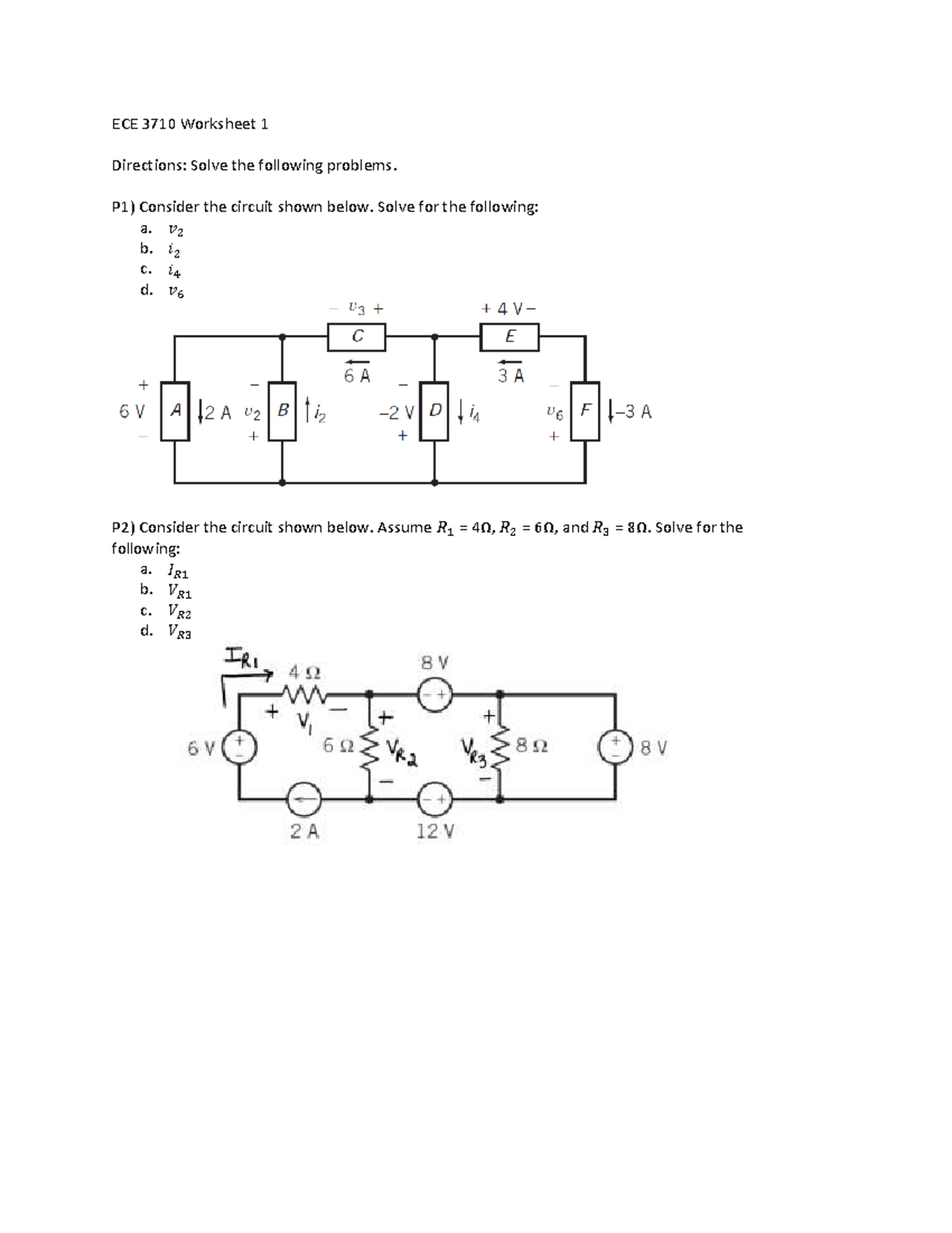 ECE 3710 Online Worksheet 1: Circuit Analysis Problems and Solutions - Studocu