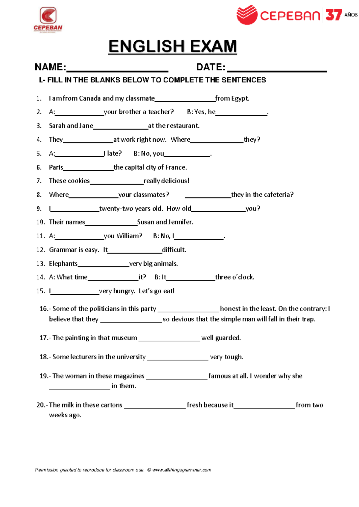 Verb to be EXAM - Fill in the Blanks Practice - Studocu