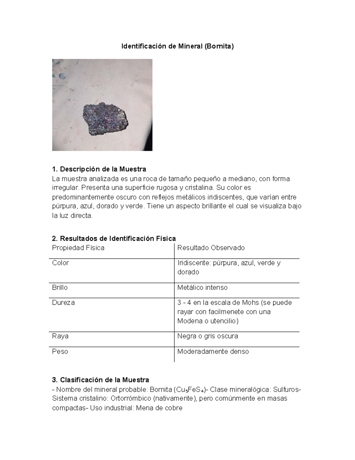 Identificación de Mineral: Bornita y sus Propiedades Físicas - Studocu