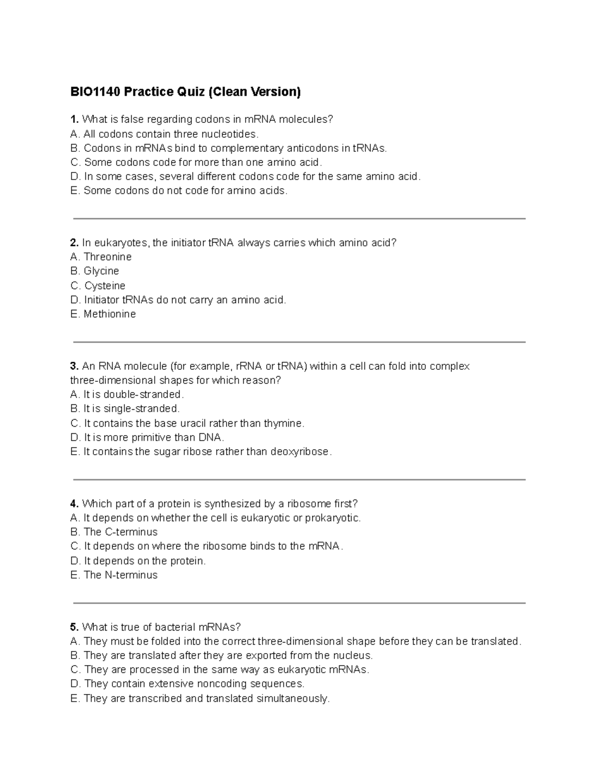 BIO1140 Practice Quiz: Codons, tRNA, and Genetic Code - Studocu