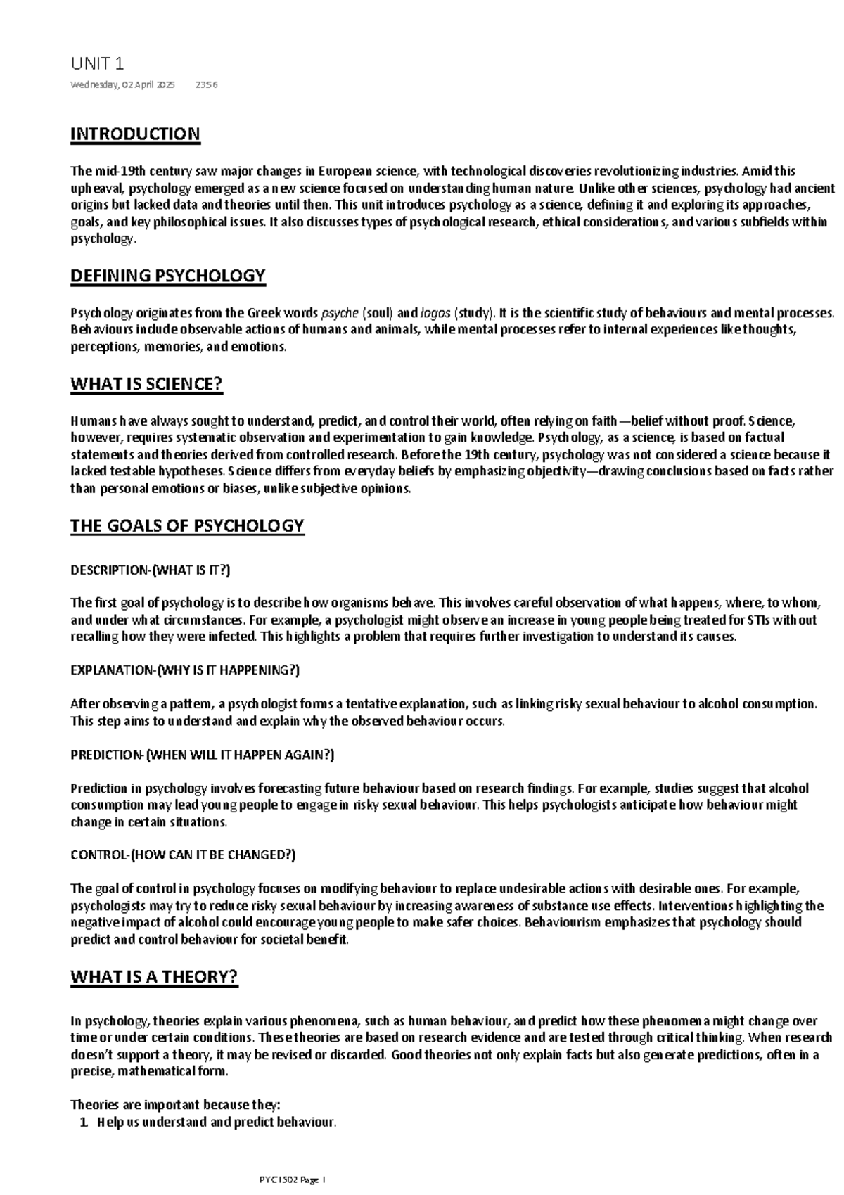 PYC1502: Introduction to Psychology - Unit 1 Summary - Studocu