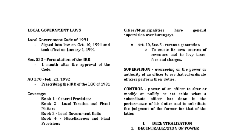 LOCAL GOV 1991 Code: Key Notes for Midterm Exam Preparation - Studocu