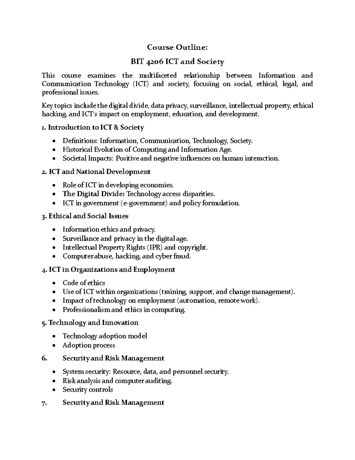 BIT 4206 Course Outline: ICT in Business & Society - Studocu