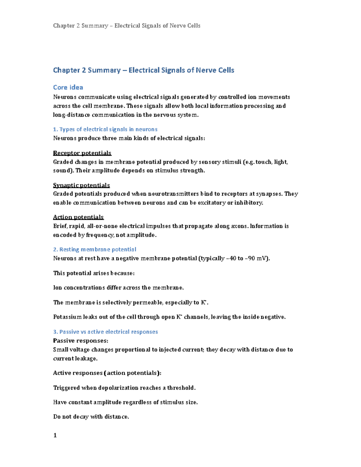 Chapter 2 Summary: Electrical Signals in Nerve Cells (BIO 101) - Studocu