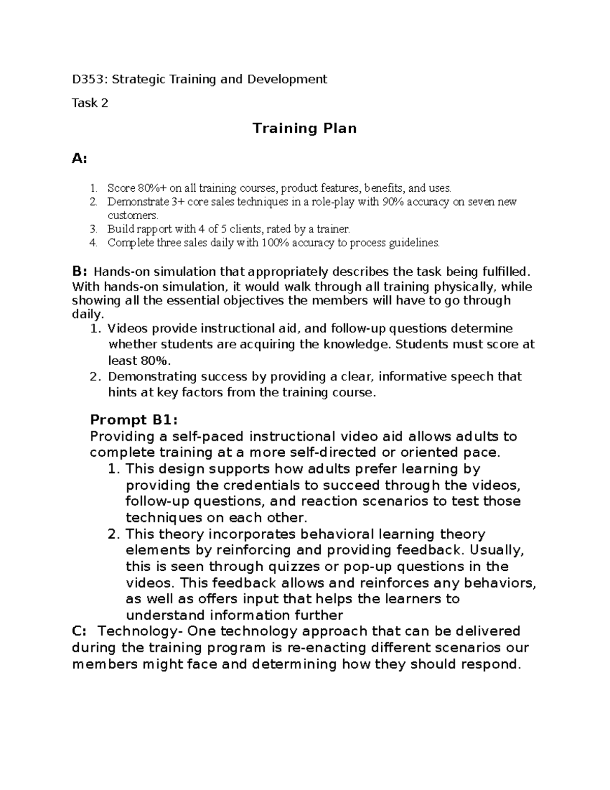D353: Strategic Training & Development Task 2 - Training Plan Overview ...