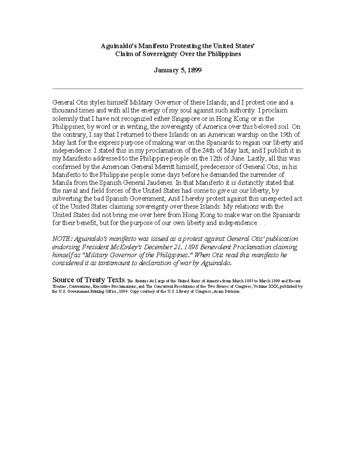 Aguinaldo's 1899 Protest Against U.S. Claims in the Philippines - Studocu