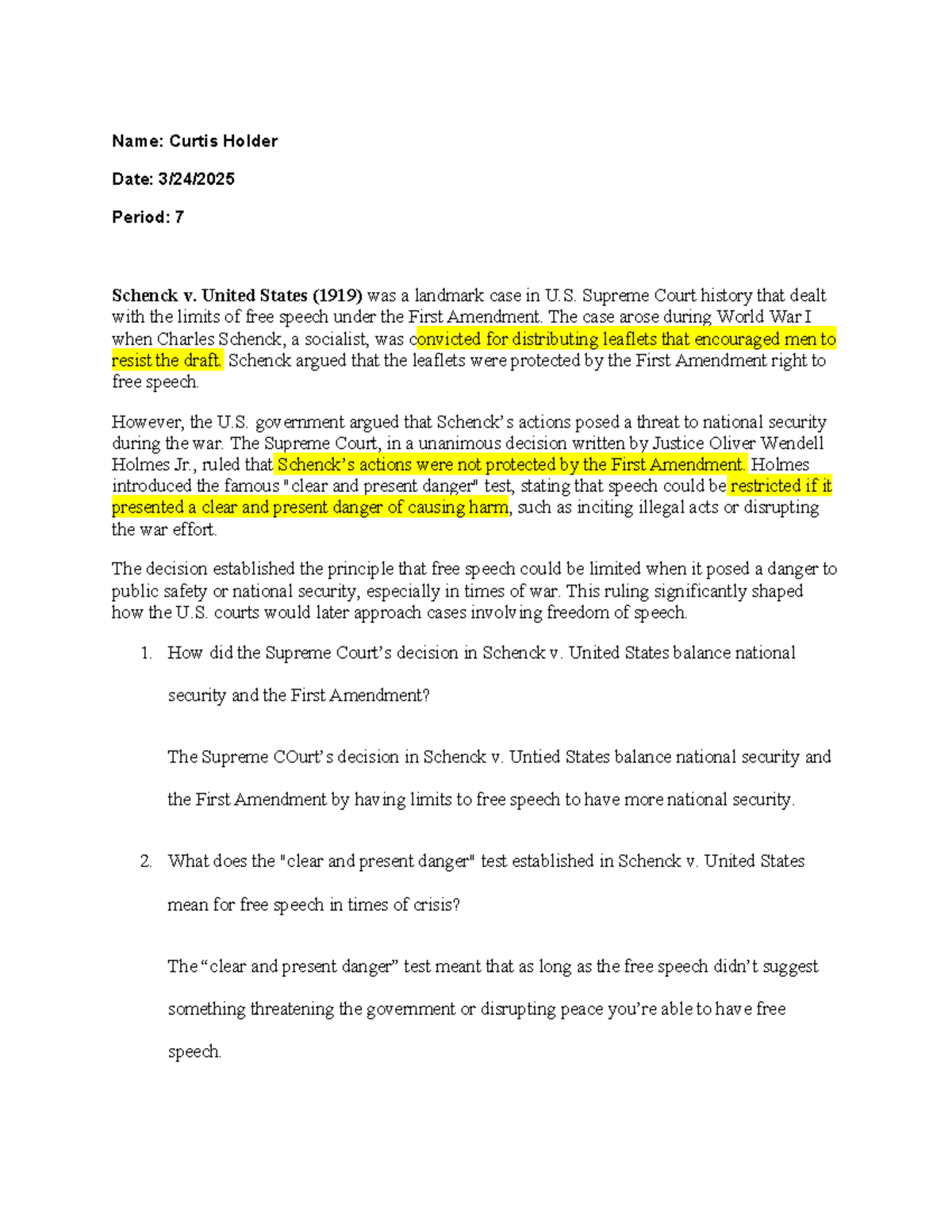 Schneck Vs USA, Espionage Act - Name: Curtis Holder Date: 3/24/ Period ...