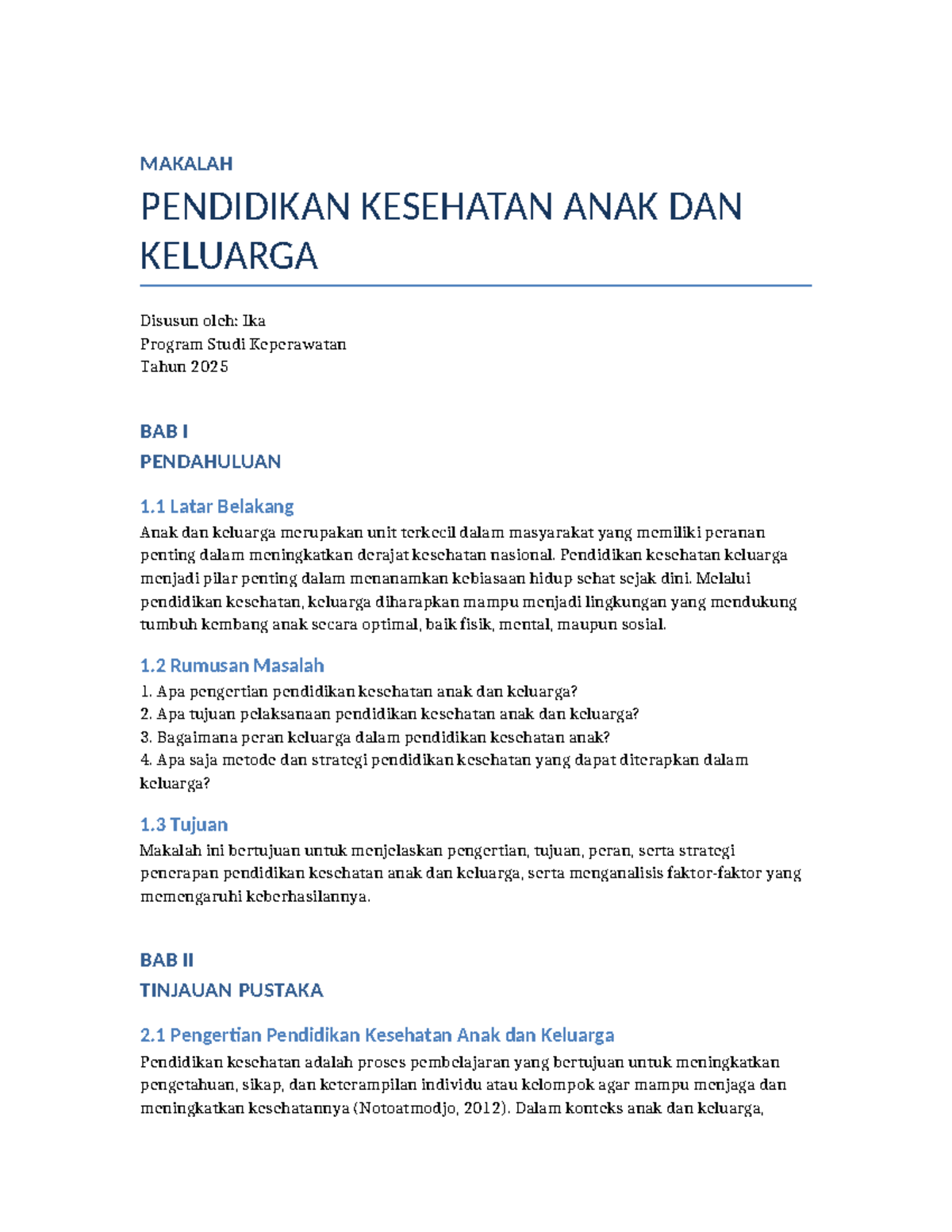 Makalah Kesehatan Anak & Keluarga (Prodi Keperawatan 2025) - Studocu