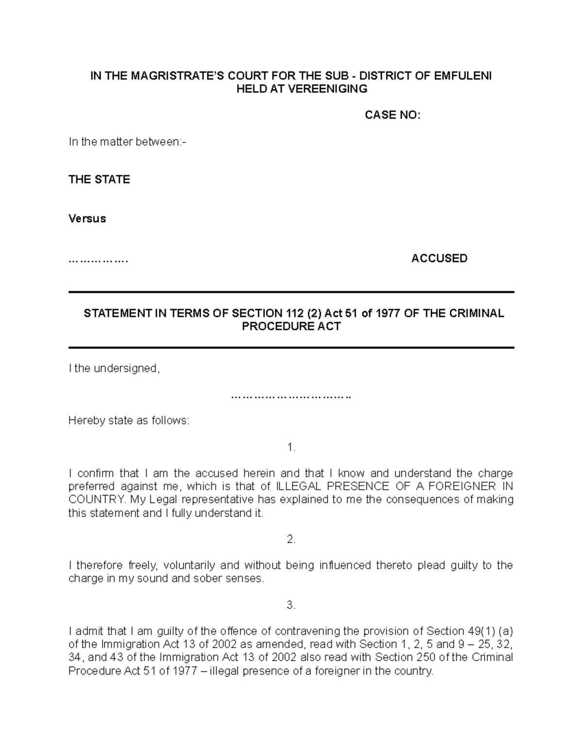 Section 112 Plea Statement for Immigration Offense Case - Studocu