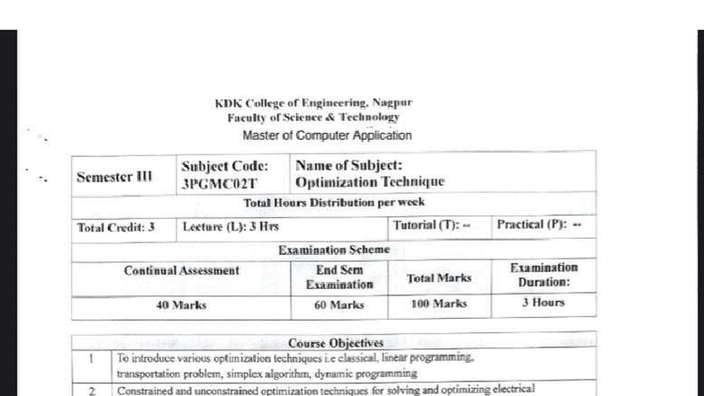 MCA Semester Optimization Techniques (Code: rGMonT) Course Overview ...