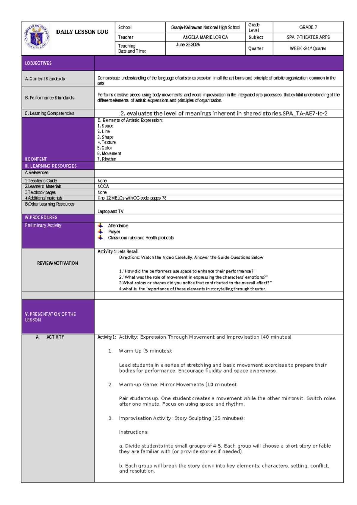 SPA ARTS 7 Q1 - WEEK 2 LESSON LOG: Expression Through Movement - Studocu