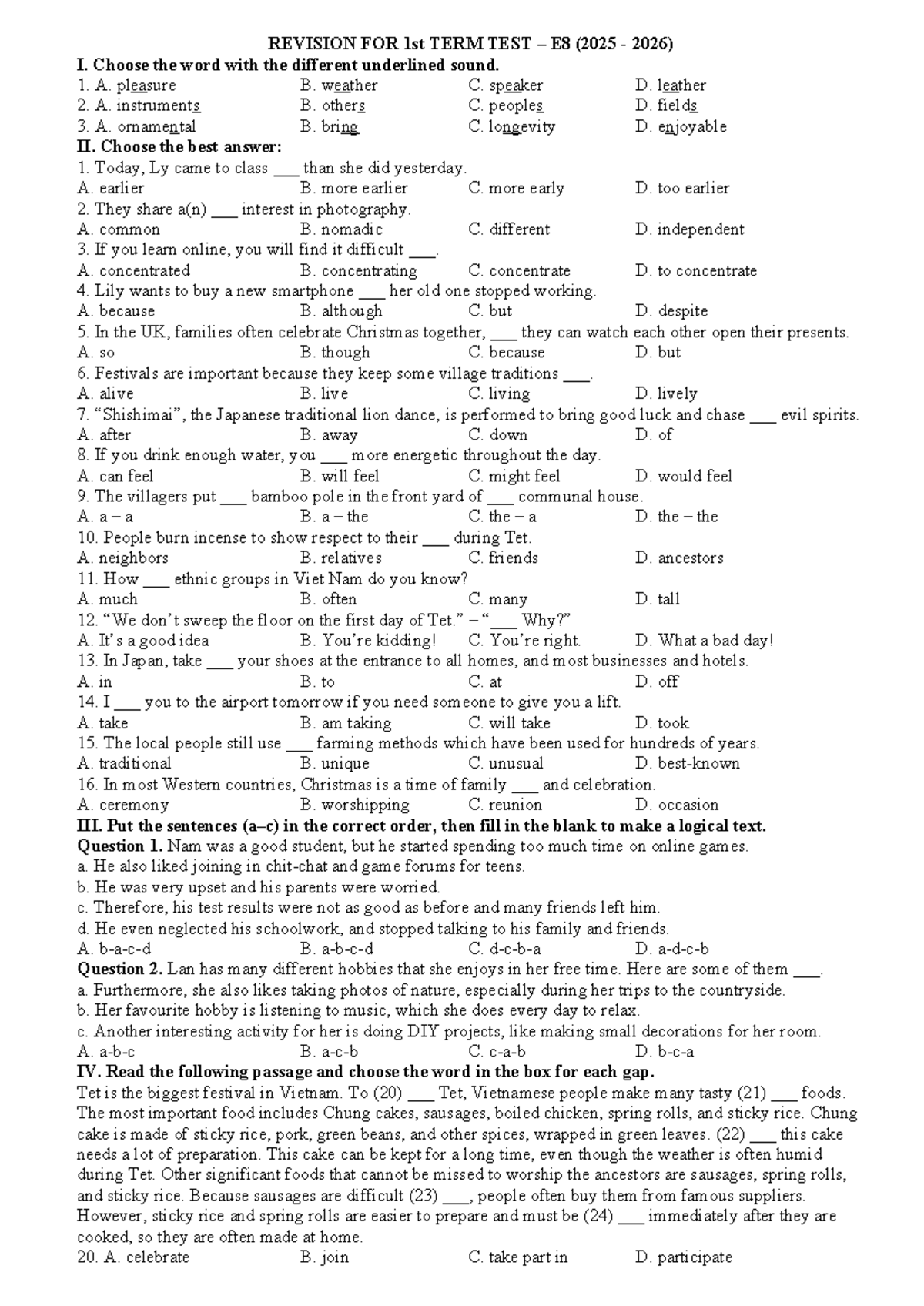 REVISION FOR 1st TERM TEST E8 (2025-2026) - LANGUAGE AND WRITING - Studocu