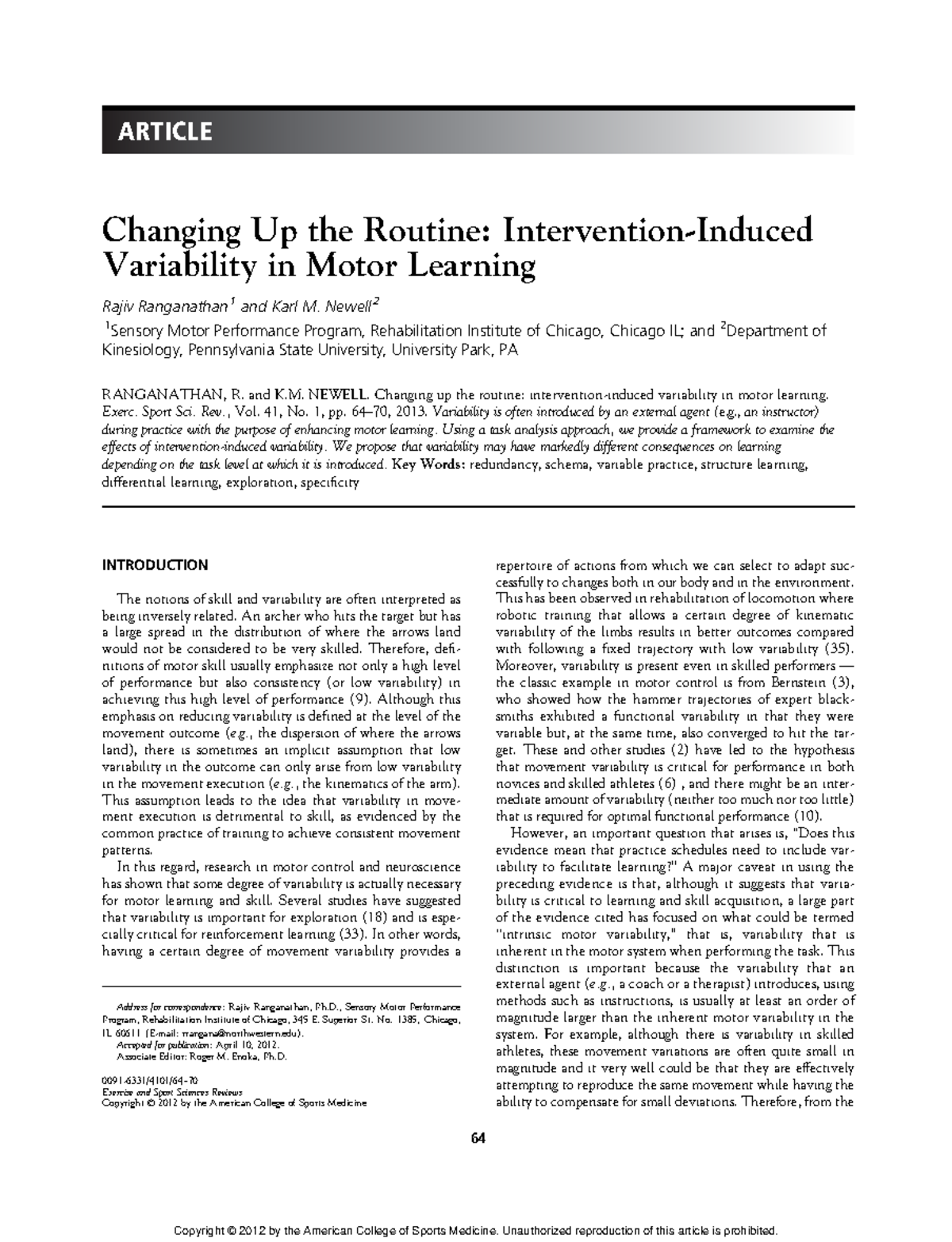 Changing Up the Routine: Intervention-Induced Variability in Motor ...