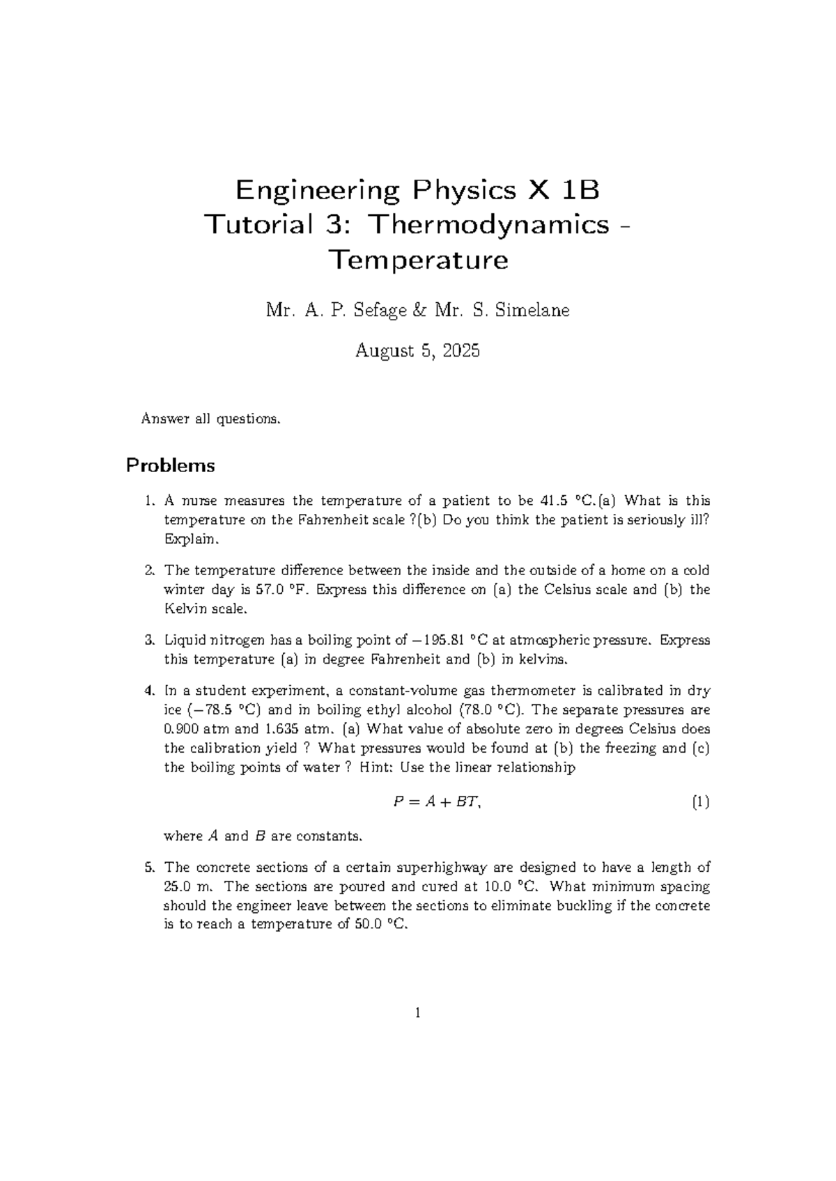 Engineering Physics X 1B Tutorial 3: Thermodynamics & Temperature - Studocu