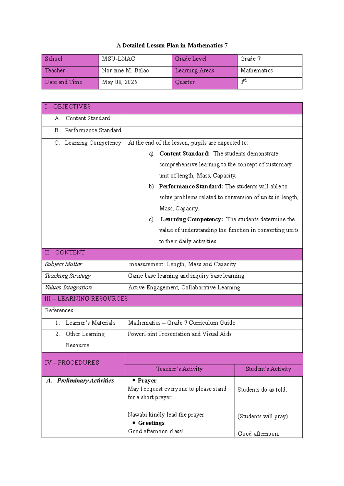 Detailed Lesson Plan on Length, Mass, and Capacity for Math 7 - Studocu