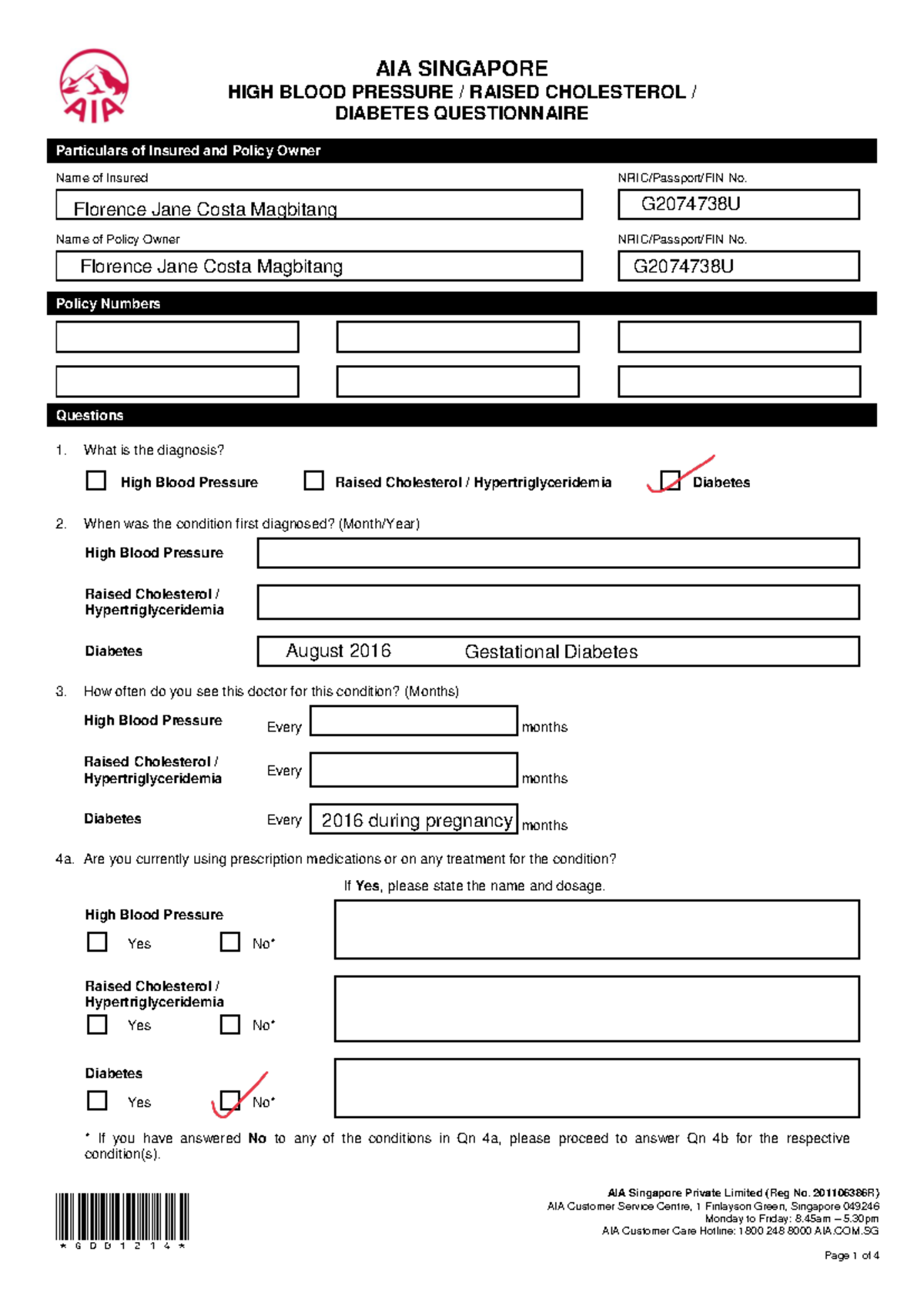 High Blood Pressure, Cholesterol & Diabetes Questionnaire - AIA SG ...