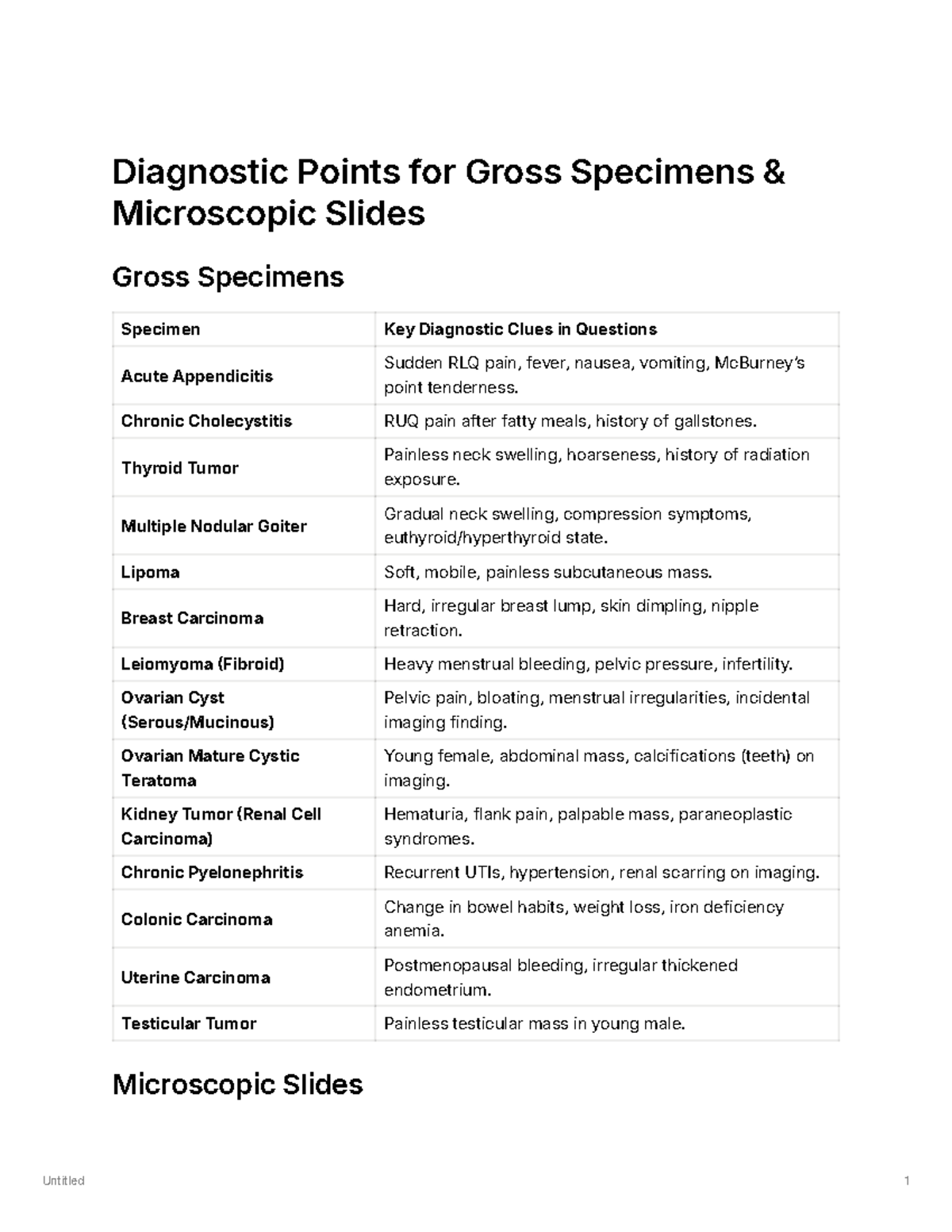 Diagnostic Points for Gross Specimens & Microscopic Slides - Studocu