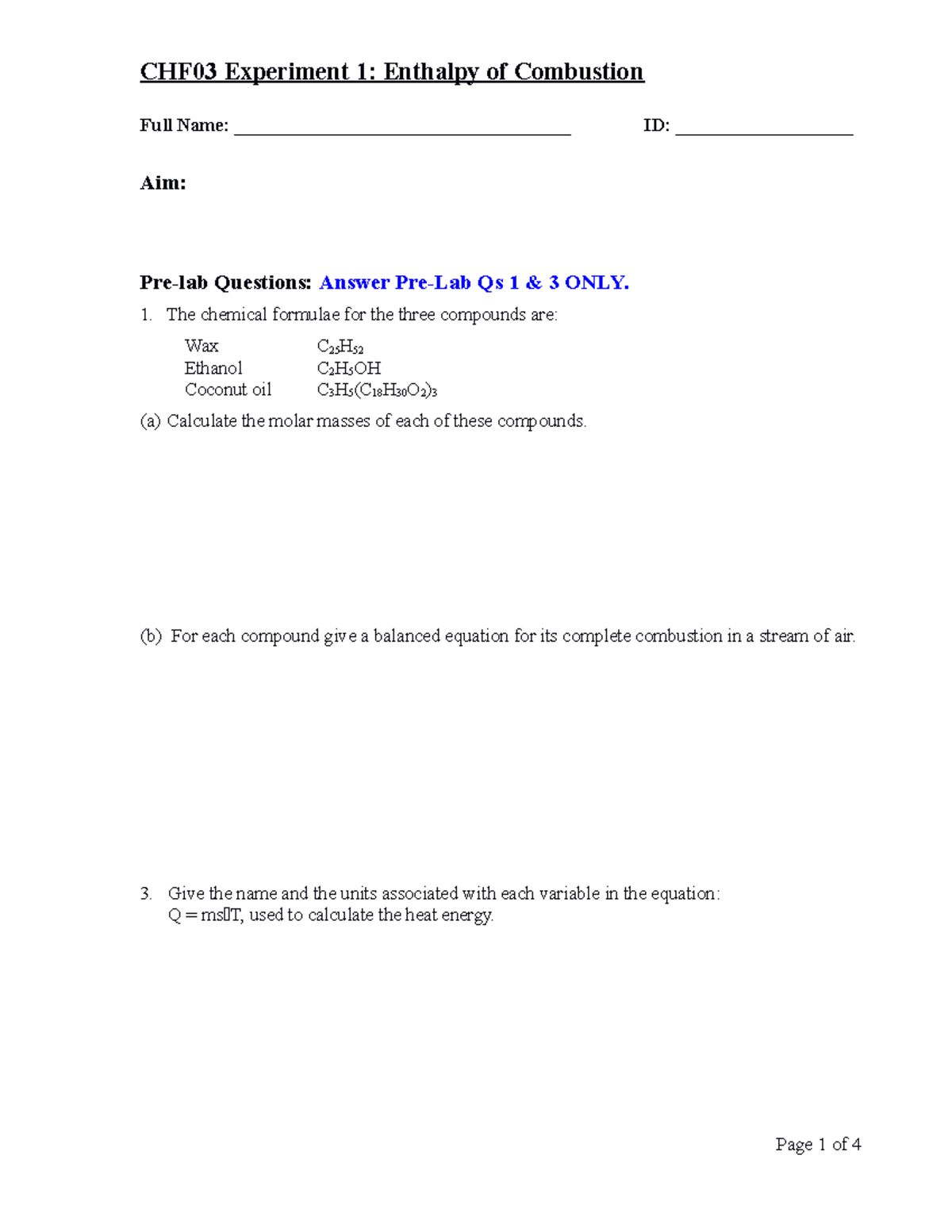 CHF03 Online Lab Report 1: Enthalpy of Combustion Experiment Overview ...