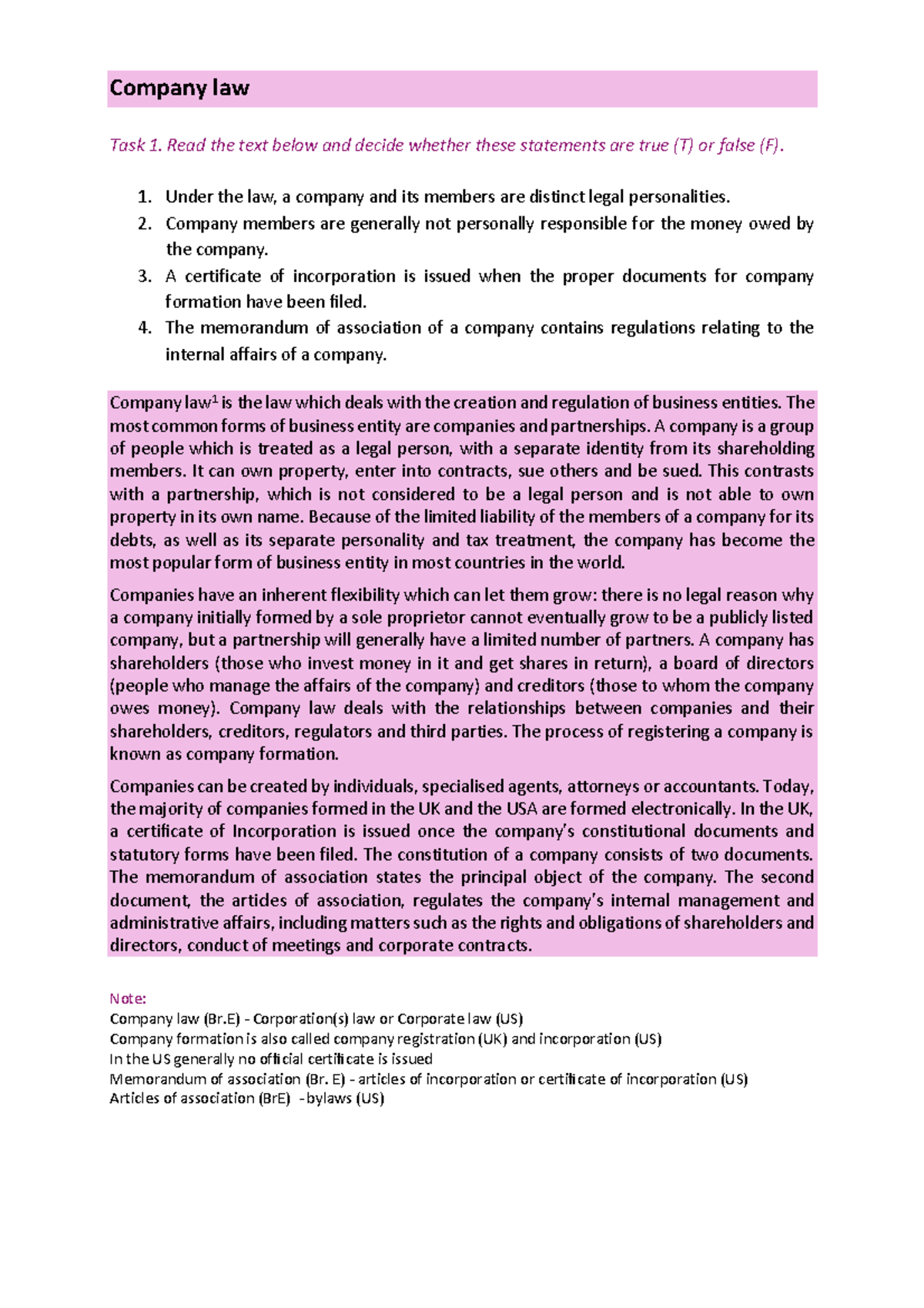Company Law Worksheet 1: Understanding Business Entities and ...