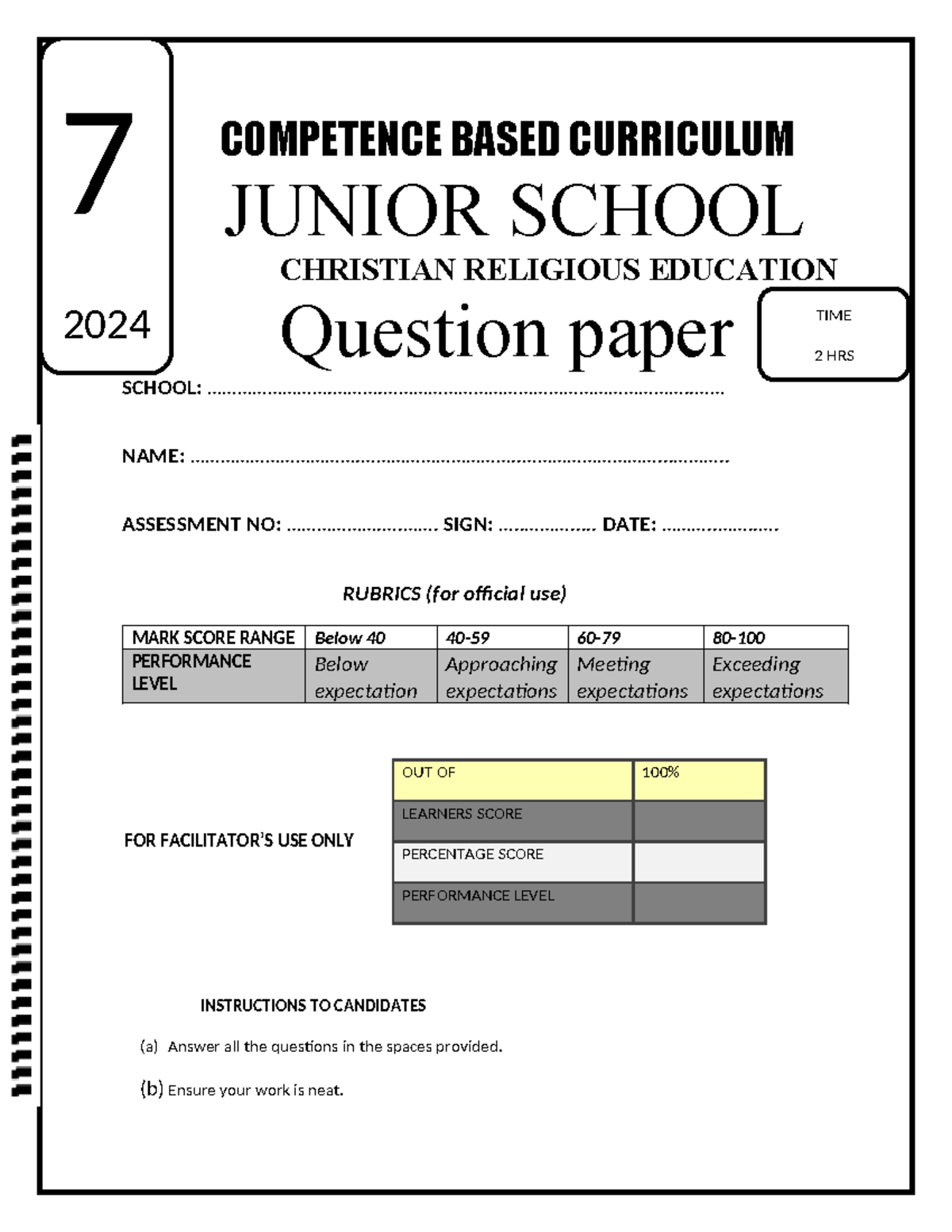CRE 2024 Junior School Competence-Based Curriculum Question Paper - Studocu