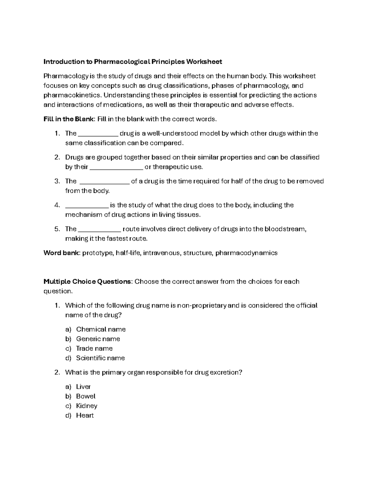 Worksheet -Introduction to Pharmacology - Introduction to ...